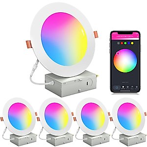 Lumary 4 Pack 6 Inch Ultra-Thin Smart WiFi Recessed Lighting, Canless Downlight, RGBWW Color Changing Lights with Junction Box Work with Alexa/Google Assistant