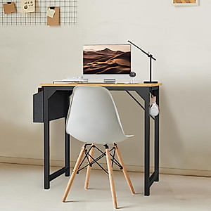 SMUG Computer Desk 32 Inch Home Office Writing Wood Storage Bag & Headphone Hook Small Spaces Simple Bedroom Work Study Kids Table, Natural