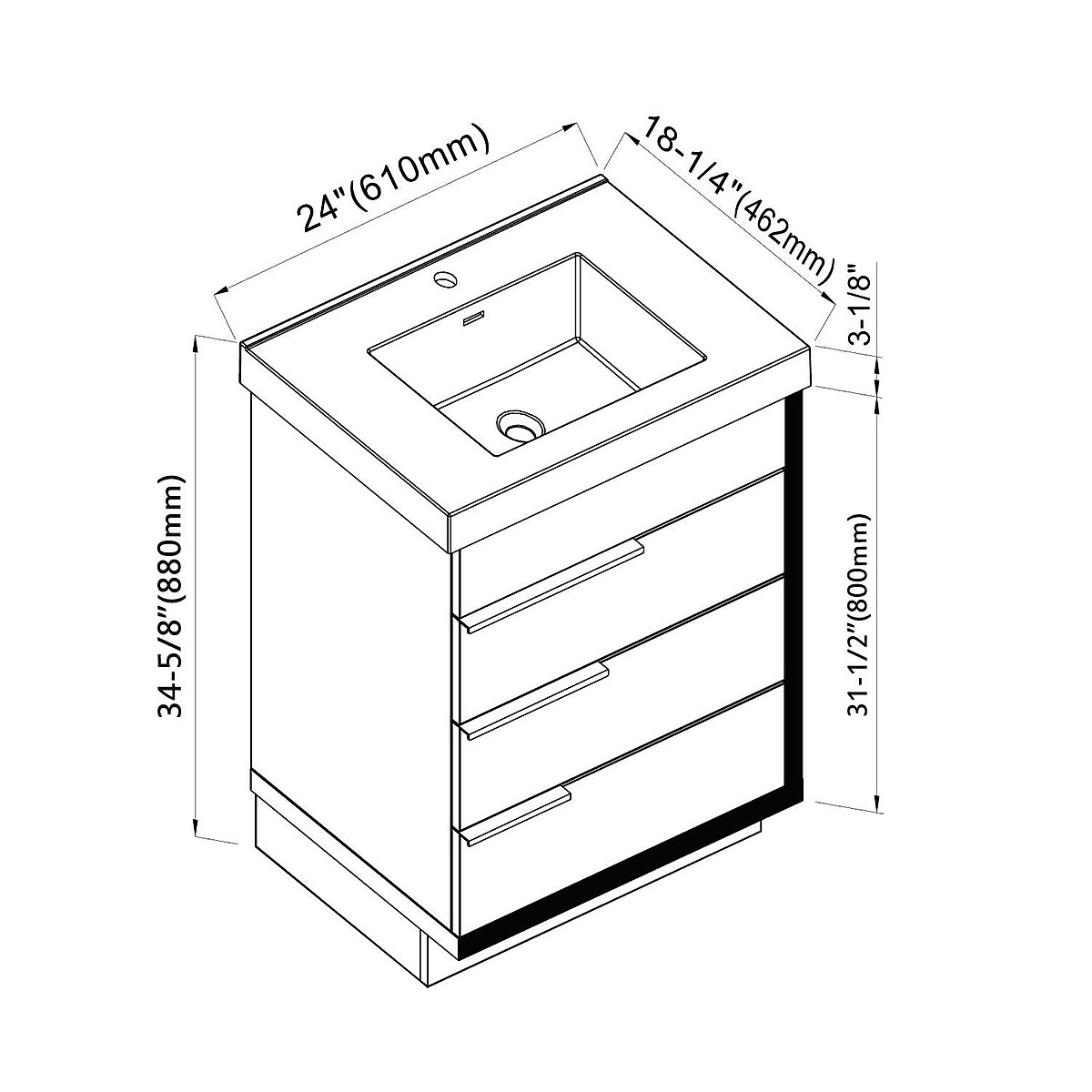 Dowell 024 Single Bathroom Vanity Set (24", Glossy White Vanity, Matte Black Sink)