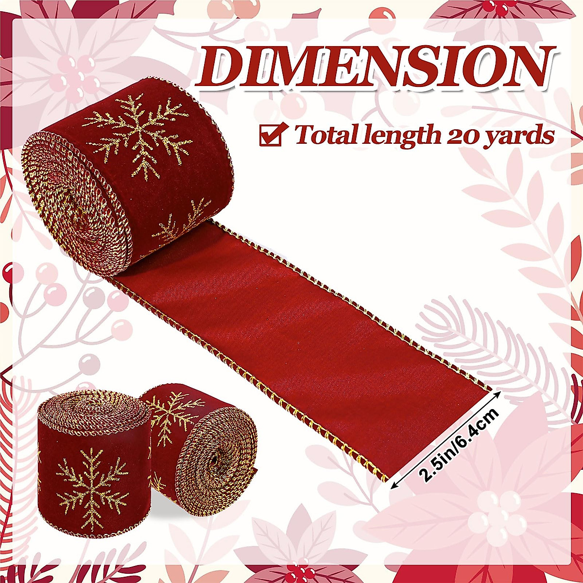 Whaline 2 Rolls Christmas Velvet Wired Ribbon 2.5 Inch Winter Snowflake Velvet Ribbon Burgundy Gold Glitter Xmas Decor Wrapping Ribbon for Gift Wrapping Bow Wreath Crafts Home Decor, 20 Yards
