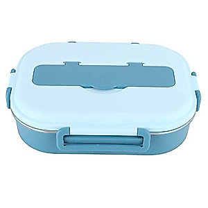 Raviga Stainless Steel Lunch Box 4 Compartments Portable Bento Box for Kids Student or Adult Food Storage Containers with Lids Airtight Soup Bowl & Tableware Large Capacity 50-oz(Blue)