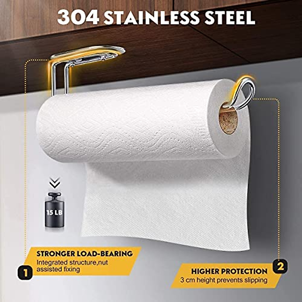 Paper Towel Holder Under Cabinet: 2 Pack SUS304 Stainless Steel Wall Mount Self-Adhesive Paper Towels Rolls for Kitchen (A-Wall-Mounted)