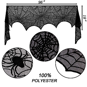 Sunnyglade Halloween 18"x96" Lace Spiderweb Fireplace Mantle Cover Fireplace Scarf & 54"x72" Rectangular Black Spider Web Lace Tablecloth, Festive Party Halloween Supplies