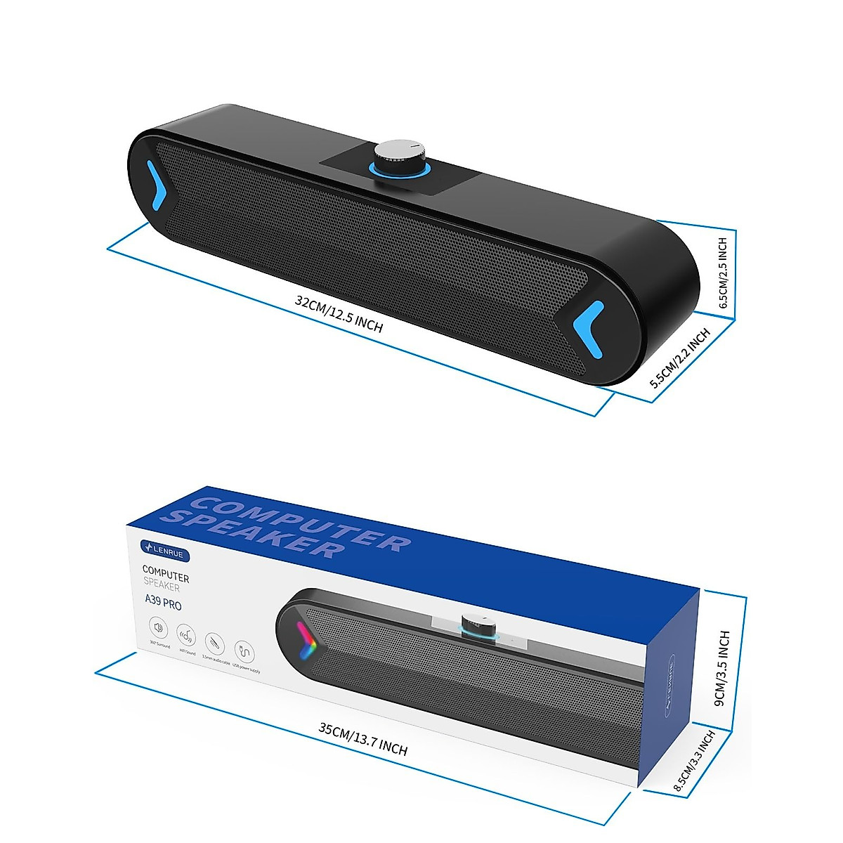 LENRUE Computer Speakers,Wired USB-Powered Sound-bar with 10W Stereo Sound for PC Desktop,Plug-n-Play (A39PRO /Black)