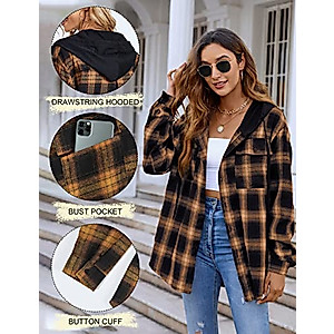 Blooming Jelly Women's Flannel Shirts Plaid Shacket Oversized Button Down Shirt Hooded Business Casual Blouses 2023 Fall Outfits (Yellow Plaid,Small)