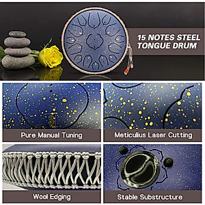 Steel Tongue Drum, 15 Notes 14 inch D-Key Handpan Percussion Instrument - Tank Chakra Drums with Padded Travel Bag, 2 Mallets, for Meditation, Decompression, Music and Gift (Blue)