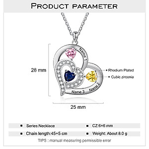 Mom Necklace,Personalized Mothers Day Necklace with Kids Names, Heart Birthstone for Women Custom Mother Name Mother's Birthday Gifts Wife Grandma (3 names)