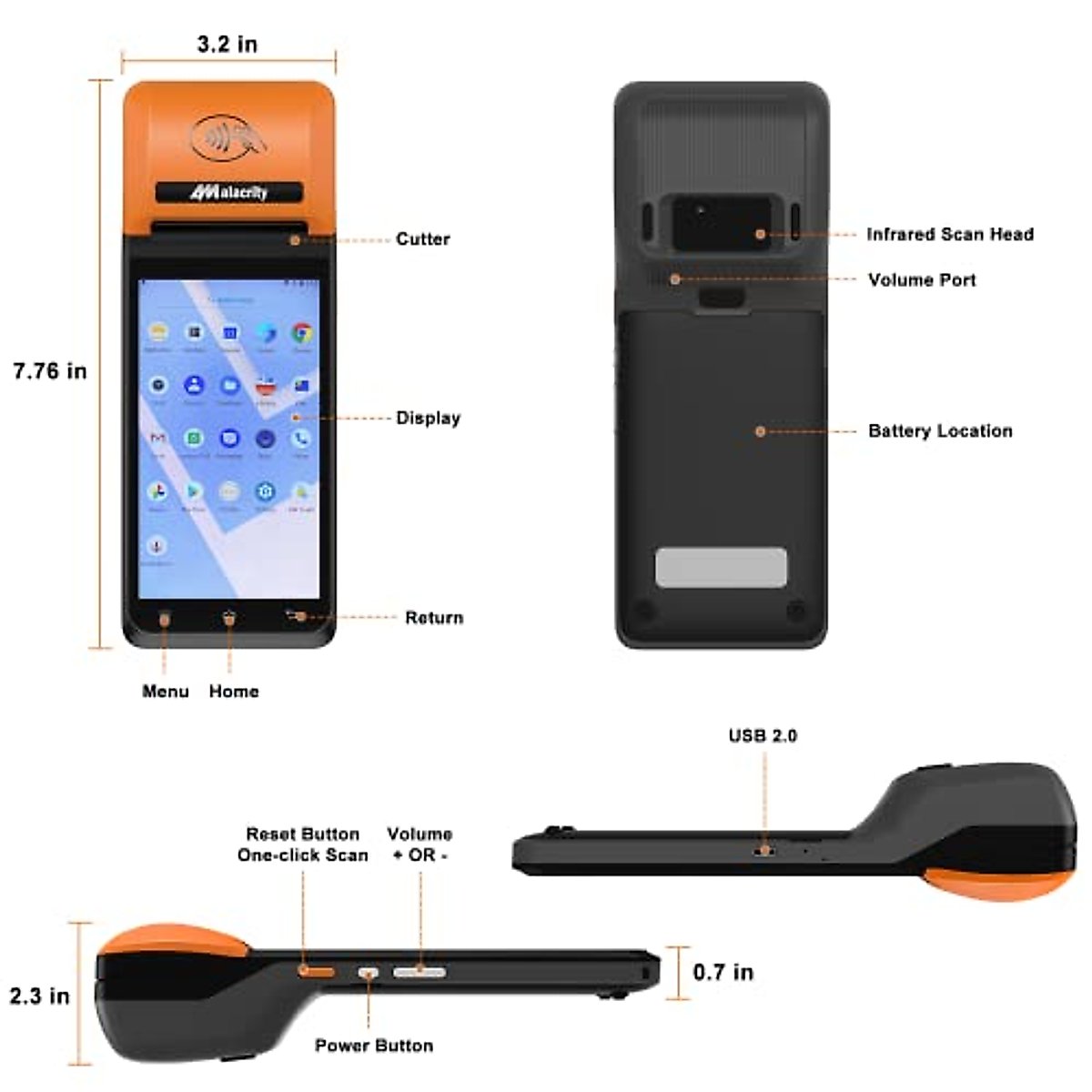 alacrity POS Receipt Printer,1D 2D Barcode Scanner Handheld PDA Printer Mobile POS Machine 5.5" Touch Screen 58mm Thermal Printer Android 8.1 Support 4G WiFi Bluetooth Communication