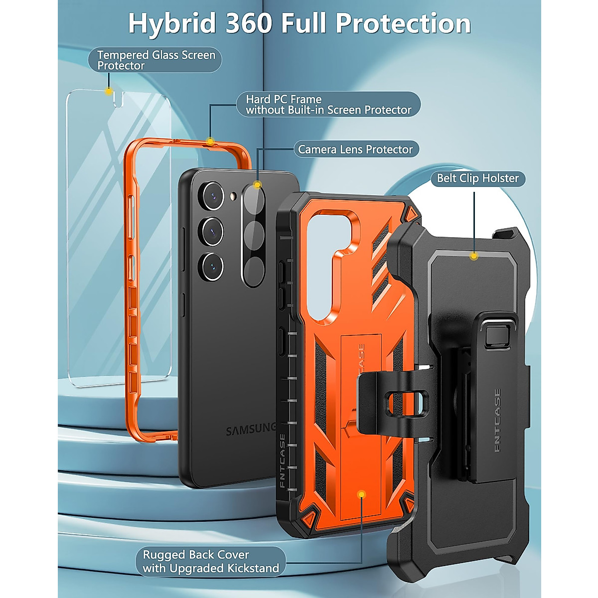 FNTCASE for Samsung Galaxy S23 Case : with Belt-Clip Holster & Kickstand Heavy Duty Rugged Shockproof Protective Phone Shell | Military Grade Protection Durable Cover for Galaxy S23 - Orange
