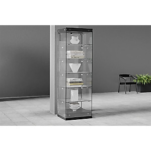 Displays2go Display Show Case with LED Lighting, Glass Shelves, Locking Door, MDF Top & Base – Clear & Black (GTAP24LEDB)