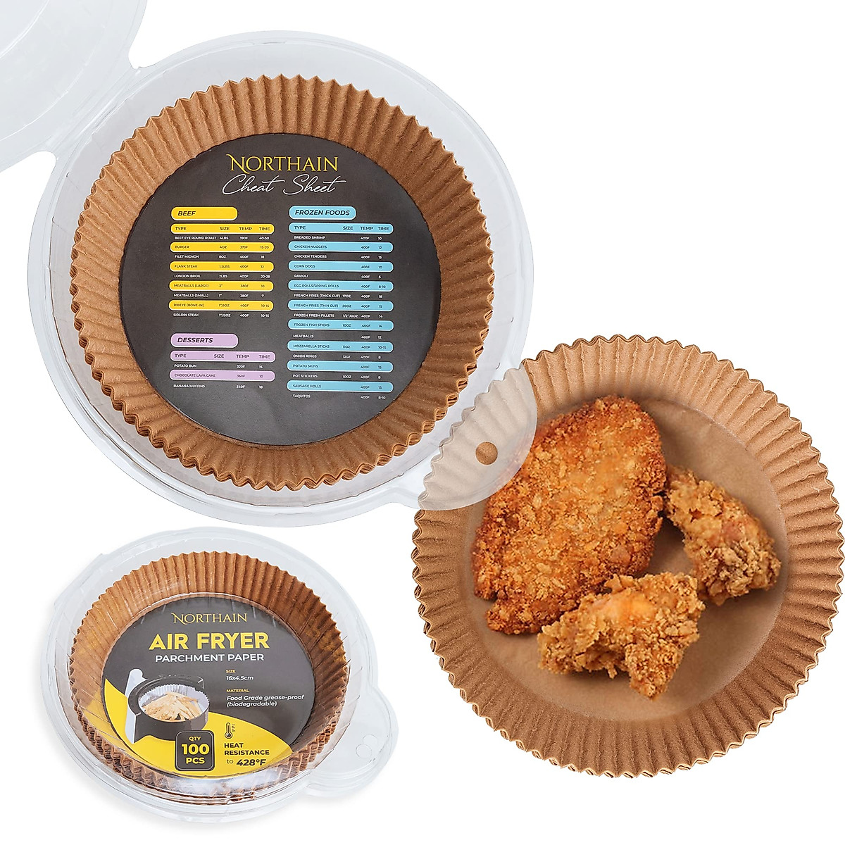 Air Fryer Liners 100 PCS with Cheat Sheet,Raised Edge Sheets Keep AirFryer Basket Clean,Compatible with Oven, Steamer & Crockpots