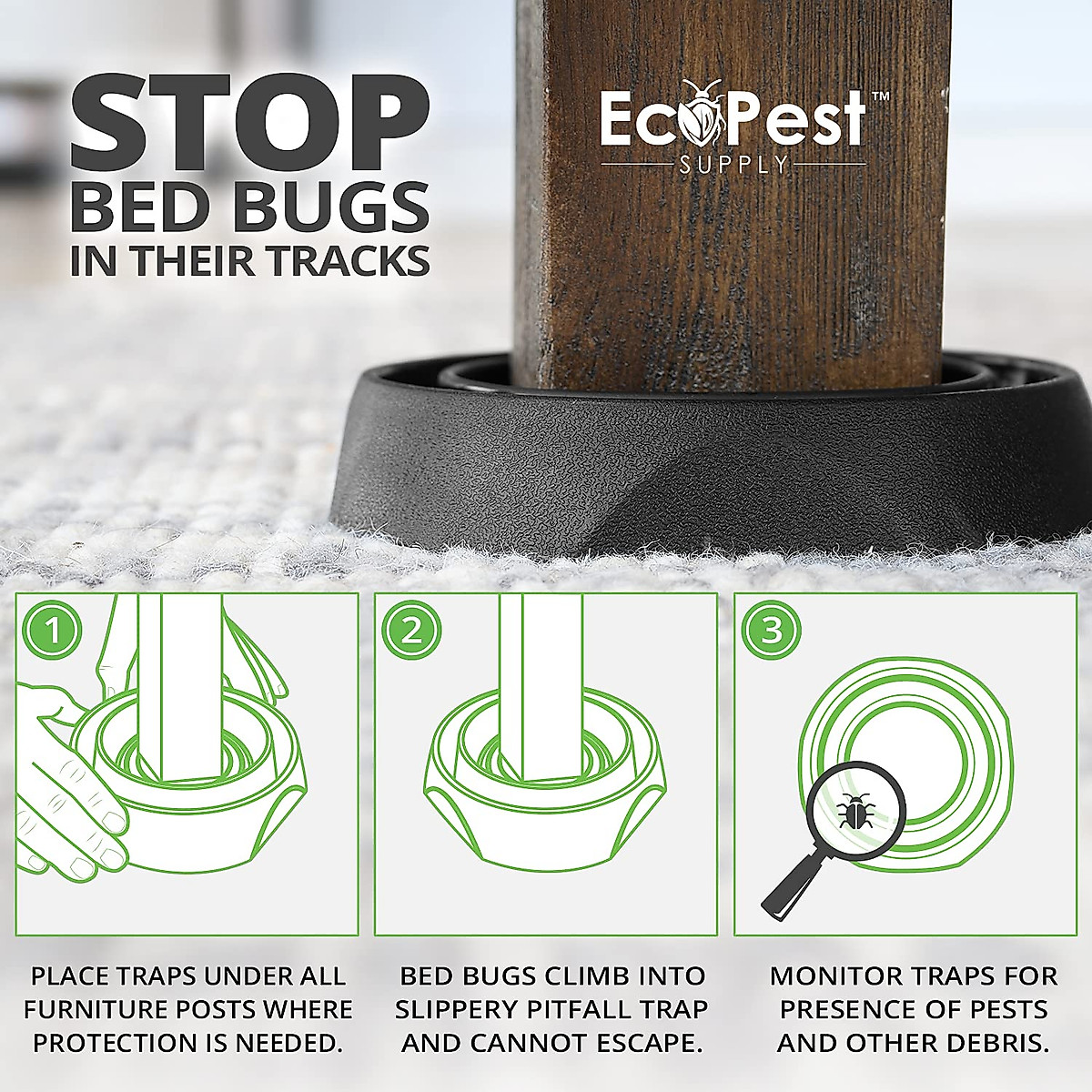 Bed Bug Interceptors – 8 Pack | Bed Bug Blocker (Pro) Interceptor Traps (Black) | Insect Trap, Monitor, and Detector for Bed Legs