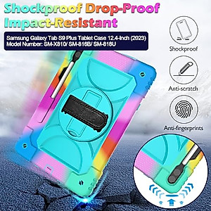 LTROP Protective Case for Samsung Galaxy Tab S9 Plus Case 2023 (SM-X810/ SM-X816B/ SM-X818U) 12.4 Inch, 9H Tempered Glass Screen Protector, S Pen Holder, Hand/Shoulder Strap & Kickstand, Aqua Teal