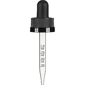 Comfort Axis Child Resistant Calibrated Glass Eye Dropper for 1/2 oz Bottle, Black, 18-400 Neck Finish, 1 mL Capacity (12 Pack)