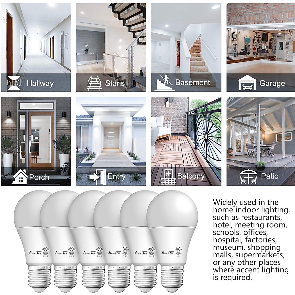 AmeriTop A19 LED Light Bulbs- 6 Pack, Efficient 14W(100W Equivalent) 1600 Lumens General Lighting Bulbs, UL Listed, Non-Dimmable, E26 Standard Base (5000K Daylight)