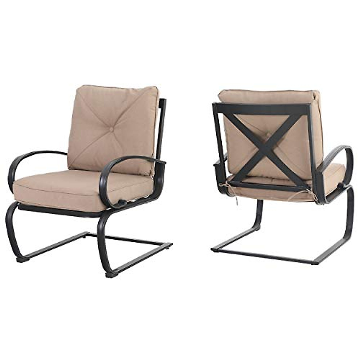 MFSTUDIO 7PCS Outdoor Patio Dining Table Set, 6 Spring Motion Chairs, 1 Rectangular Table Woodlike Top with 1.57" Umbrella Hole, Lawn Backyard Garden Furniture Sets, Beige