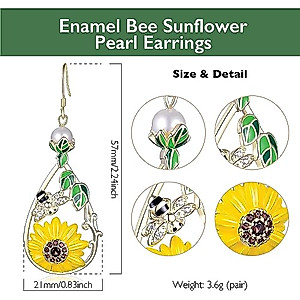 Evabelle Sunflower Daisy Flower Bee Earrings for Women Pearl Drop Dangle Summer Earrings 14K Gold Plated CZ Enamel Prom Earrings for Women Trendy for Birthday Anniversary Jewelry Gift for Her (Sunflower Earrings)