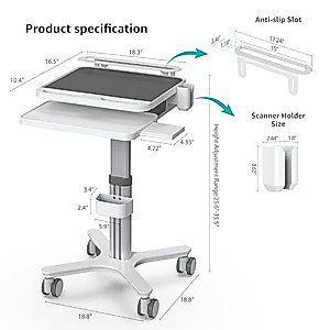BEWISER Medical Cart Mobile Trolley Cart Height Adjustable Easy Installation Pallet Cart with Oral Scanner Holder Laptop Workstation（MTO-3）
