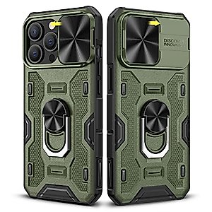 Caka for iPhone 13 Pro Case, iPhone 13 Pro Case with Camera Cover & Kickstand with Built-in 360°Rotate Ring Stand Magnetic Magnet Protective Phone Cover Case for iPhone 13 Pro -Green