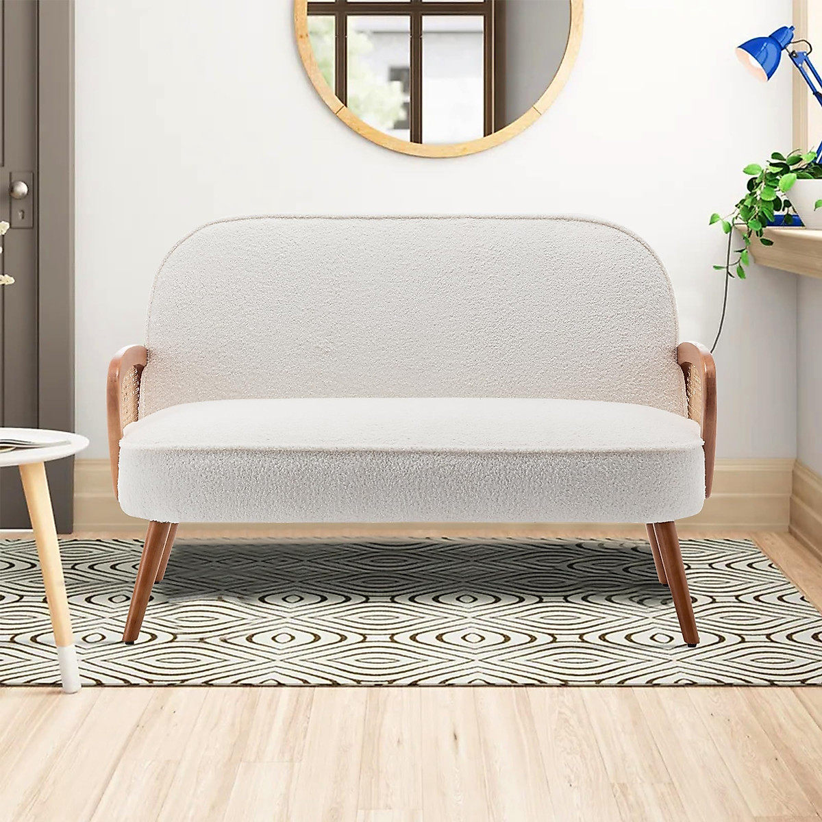 WENTMENT Loveseat Sofa Small Couch for Living Room Teddy Love Seat with Natural Rattan Armrest and Solid Wooden Legs Small Sofa for Small Space, Bedroom, Apartment（White）