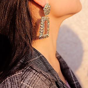 Gold Statement Geometric Dangle Earrings, Big Rectangle Drop Earrings for Women