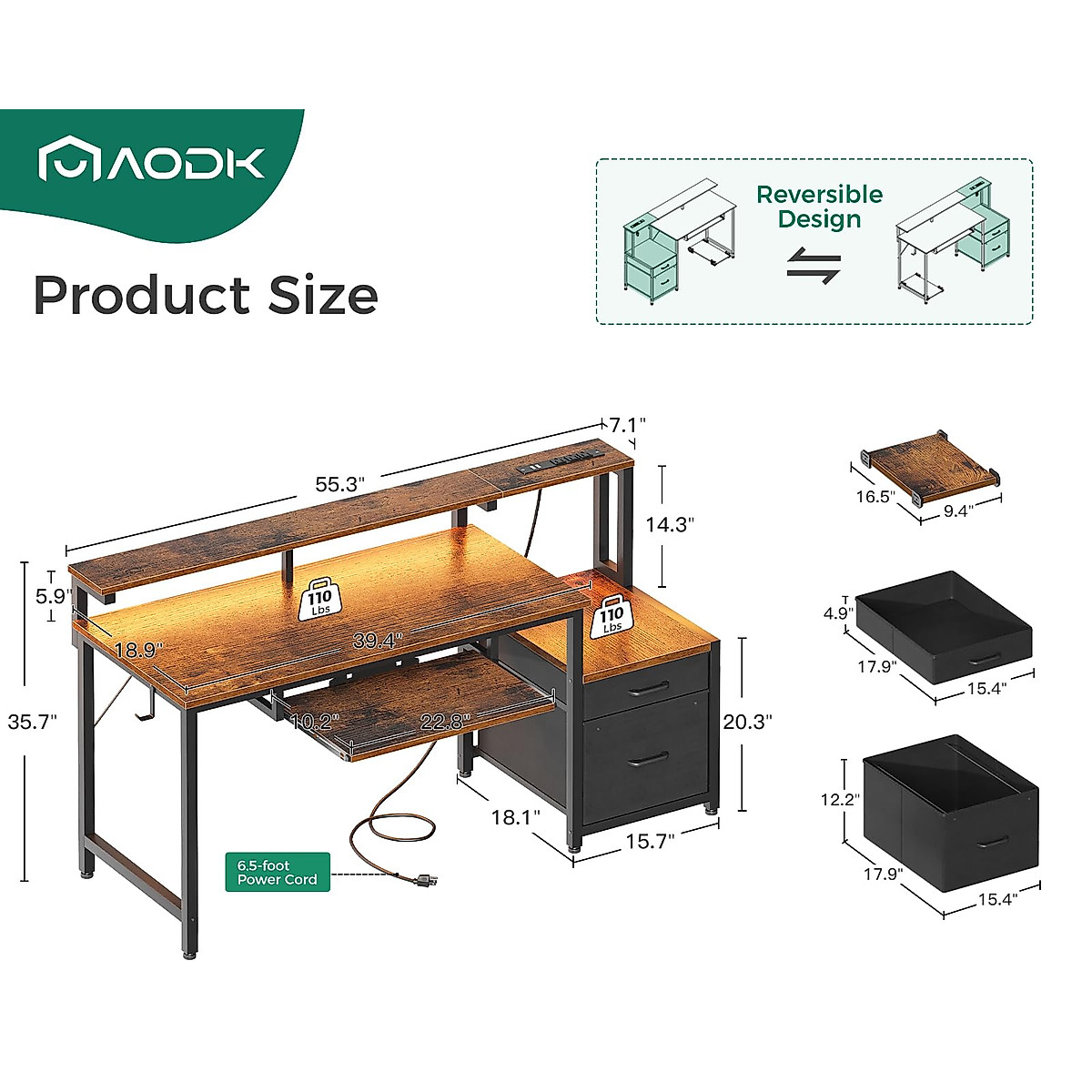 AODK 55" Computer Desk with Fabric File Cabinet and Drawer, Reversible Office Desk with Power Outlet and LED Light, Study Desk with Printer Stand, Keyboard Tray, Monitor Riser and PC Stand, Vintage