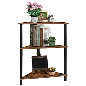 Small Corner Shelf, 3 Tier Corner Bookshelf Bookcase, Vintage Standing Corner Shelf Stand, Corner Display and Storage Shelf for Bedroom,Living Room, Kitchen,Bathroom,Entryway,Office,Small Space-Brown