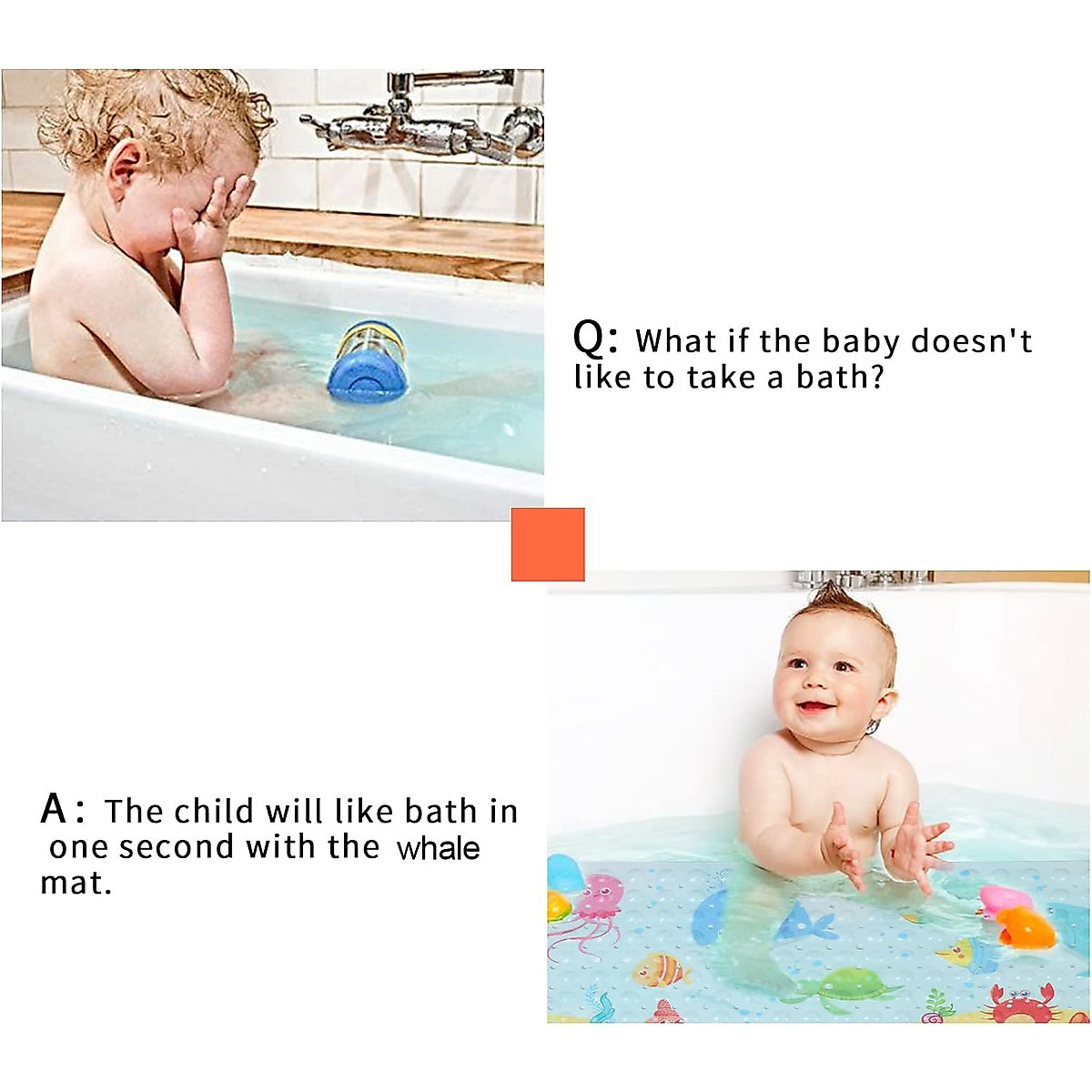 Baby Bath Mat for Tub for Kids, 40in x 16in Non Slip Cartoon Bath Tub Shower Mat Anti Slip with Drain Holes and Suction Cups Machine Washable, Little Whale