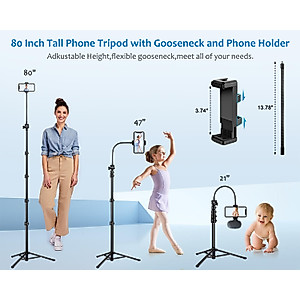 Phone Tripod, 80" Tall Tripod for iPhone with 13" Adjustable Gooseneck, Cell Phone Tripod with Remote and Phone Holder, Overhead Tripod Stand for iPhone 15 14 13 12 Android Phone