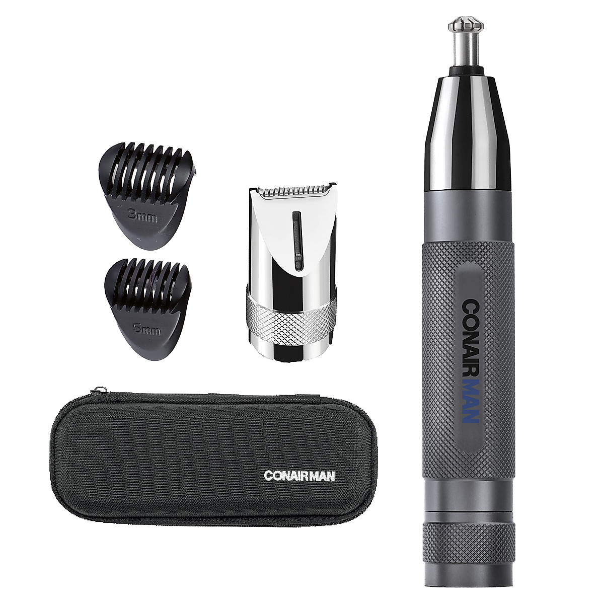 ConairMan Nose Hair Trimmer for Men, For Nose, Ear, and Eyebrows, Patent 360 Bevel Blade for No Pull, No Snag Trimming Experience, Cordless Trimmer 5 piece Set with Professional Metal Handle
