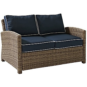 Crosley Furniture KO70022WB-NV Bradenton Outdoor Wicker Loveseat, Brown with Navy Cushions