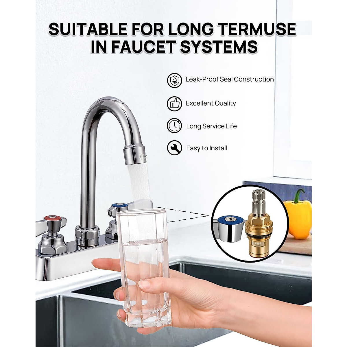 Phivan Brass Handle Stem Assembly Ceramic Faucet Valve Cartridge 20 Teeth Commercial Faucet Parts for Most Commercial Kitchen Sink Faucet, Compatible with Cold Widespread Cartridge Replacement