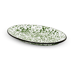 Red Co. Enamelware Metal Classic 13" Serving Oval Tray Platter, Dark Green Marble/Black Rim - Splatter Design