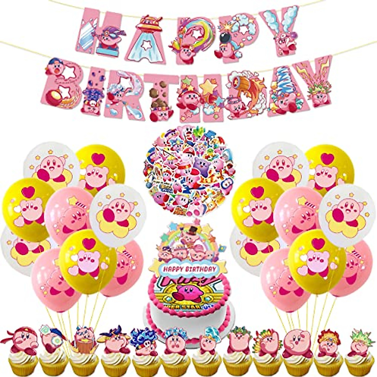 Kirby Birthday Party Decorations Supplies, 82 Pcs Cute Party Favors including Happy Birthday Banners, Balloons, Cake Toppers, Stickers, Party Favors for Girls' Birthday Party, Princess Party
