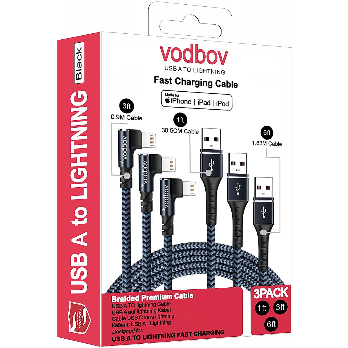 VODBOV iPhone Charger Lightning Cord 3Pack 1FT 3FT 6FT Right Angle MFi Certified Cable Braided USB Charging Wire High Speed Black
