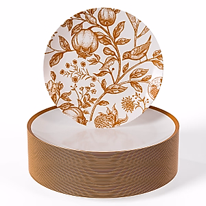 Trendables 40 Piece Plastic Disposable Plates Set For 20 Guests I 20 X 8 Inch Dessert Plates & 20 X 10 Inch Disposable Plastic Plates | Thanksgiving Plates | White & Brown Pomegranate Design