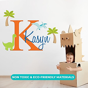Custom Name & Initial Dinosaur Wall Decals I Personalized Dinosaur Bedroom Decor for Boys or Girls I Dinosaur Birthday Party Supplies I Nursery Wall Decal (Wide 32" x 20" Height)