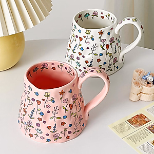 Large Ceramic Coffee Mug Cute Flower with Handmade Big Handle, 21.1oz/600ml Girly Pink Floral Tea Cup for Women Gift, Novelty Irregular Oversized Mugs for Latte Tea Milk Cocoa
