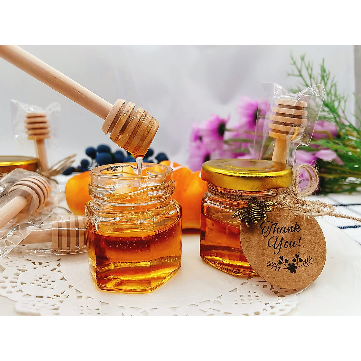 IIKUM 40 Pack 1.5 oz Hexagon Mini Glass Honey Jars with Wooden Dippers, Gold Lids, Bee Pendants, Golden Gift Bags, Thank You Cards, Jutes - Perfect for Baby Shower, Wedding Favors and Party Favors