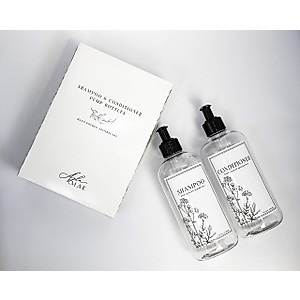 Modern Refillable Shampoo and Conditioner Dispensers by AylaMae | 500ml / 16.9oz PET Plastic Bottles (Clear with Printed Labels)