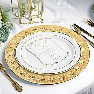 WUWEOT 12 Pack Gold Charger Plates, 13" Plastic Round Dinner Under Plates Bulk, Reusable Charger Service Base Plates with Embossed Pattern for Party, Wedding, Catering Event, Tabletop Decor