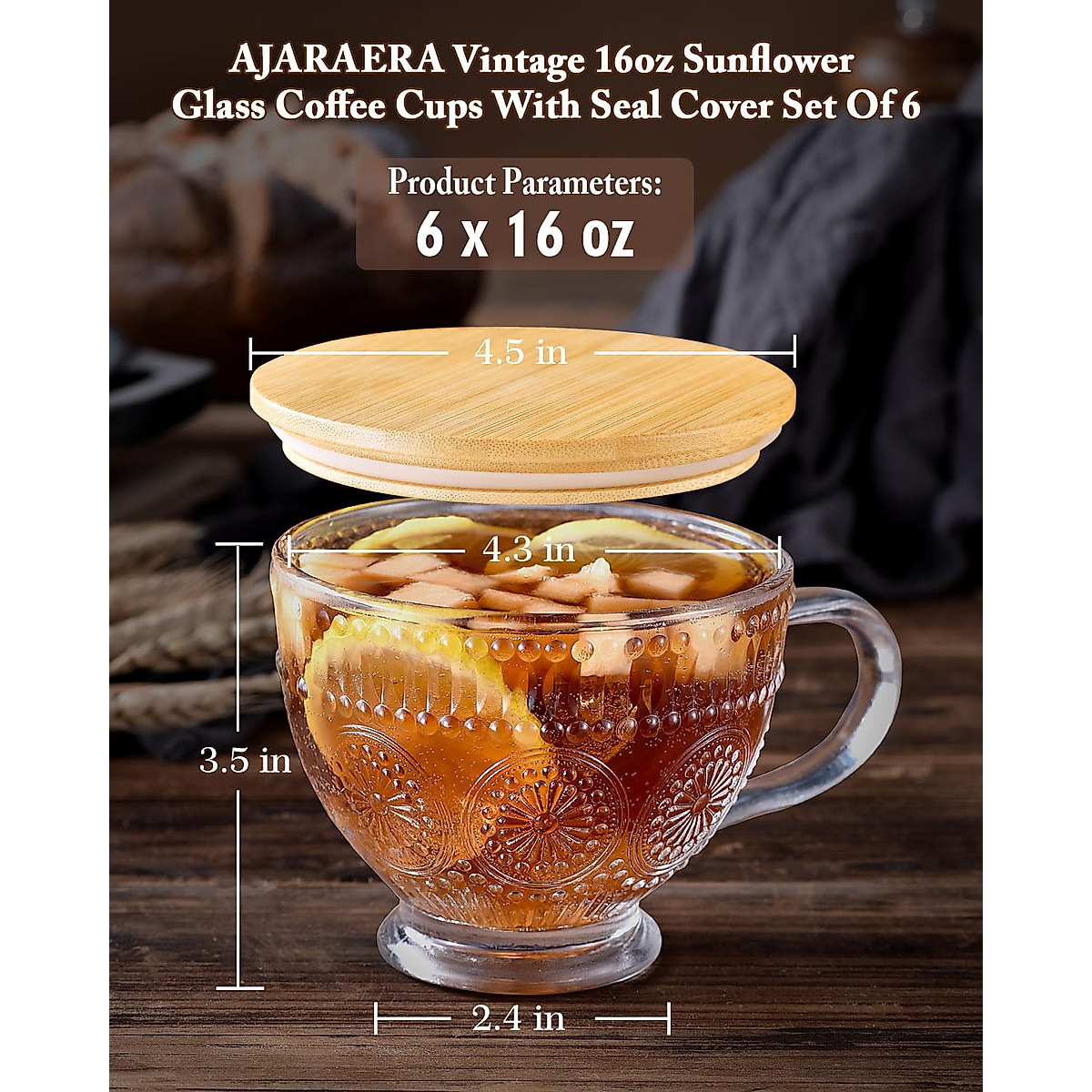 AJARAERA Glass Vintage Coffee Mugs Set of 6,16oz Glass Mugs, Clear Coffee Cups, Water Glasses, Drinking Glasses, Vintage Glass Coffee Mug Set for Holiday, Aesthetic Gift for Family