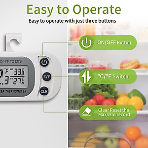 FAHZON Digital Frigerator Thermometer 2 Pack, Waterproof Fridge and Freezer Thermometer, Thermometer Refrigerator with Large LCD Screen, Stand and Magnetic Back, for Room,Kitchen, White