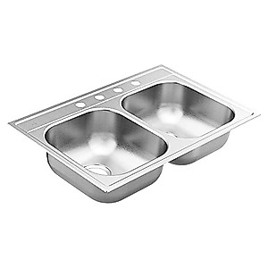 Moen GS202154BQ 2000 Series 33-inch 20 Gauge Drop-in Double Bowl Stainless Steel Kitchen Sink, 4 Hole, Featuring QuickMount