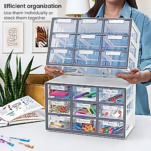 ARTEZA 9 Drawer Storage Cabinet, 16.1 x 9.3 x 9.8 inches, White, Plastic Drawers? with Stoppers, ?Multi Compartment Organizer for Makeup and Art Supplie