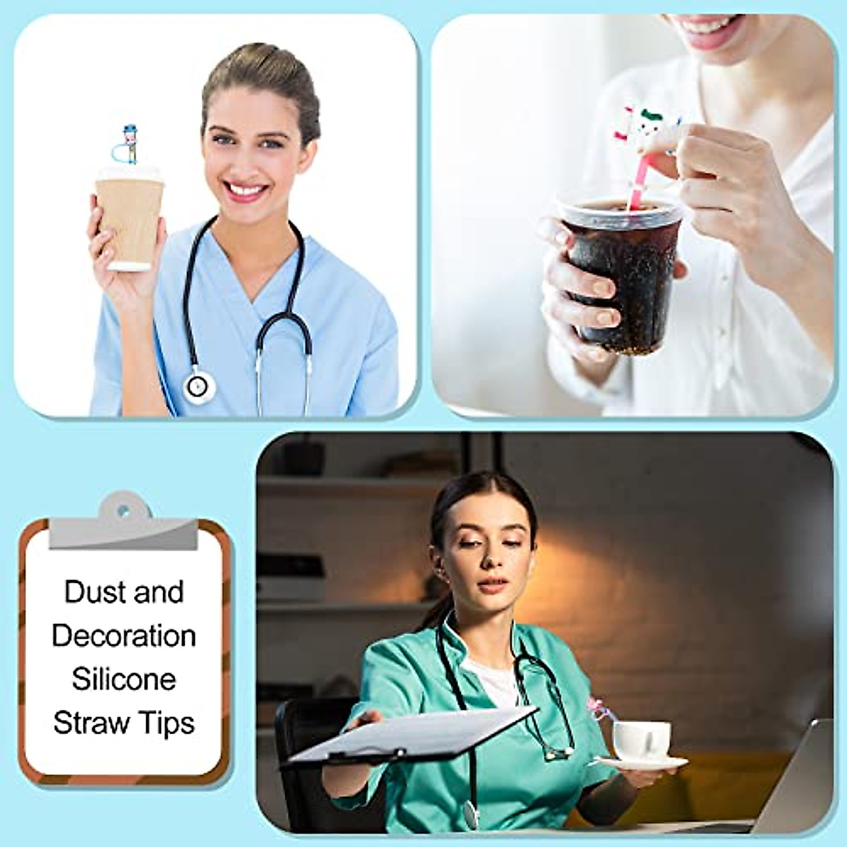 Straw Covers Silicone Kawaii Straw Cover Nurse Theme Straw Caps Reusable Drinking Dust Proof Straw Tip Covers for 6-8 mm (Cute, 10 Pcs)