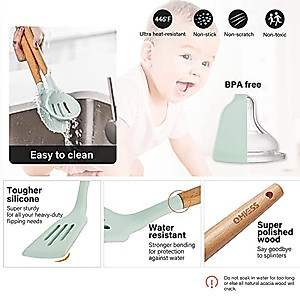 Kitchen Utensils Set, QMVESS 35 Pcs Non-Stick Silicone Cooking Utensils Set with Holder, Sturdy Wooden Handle, Heat Resistance Silicone Spatula Spoon Kitchen Gadgets Utensils Set (Light Green)