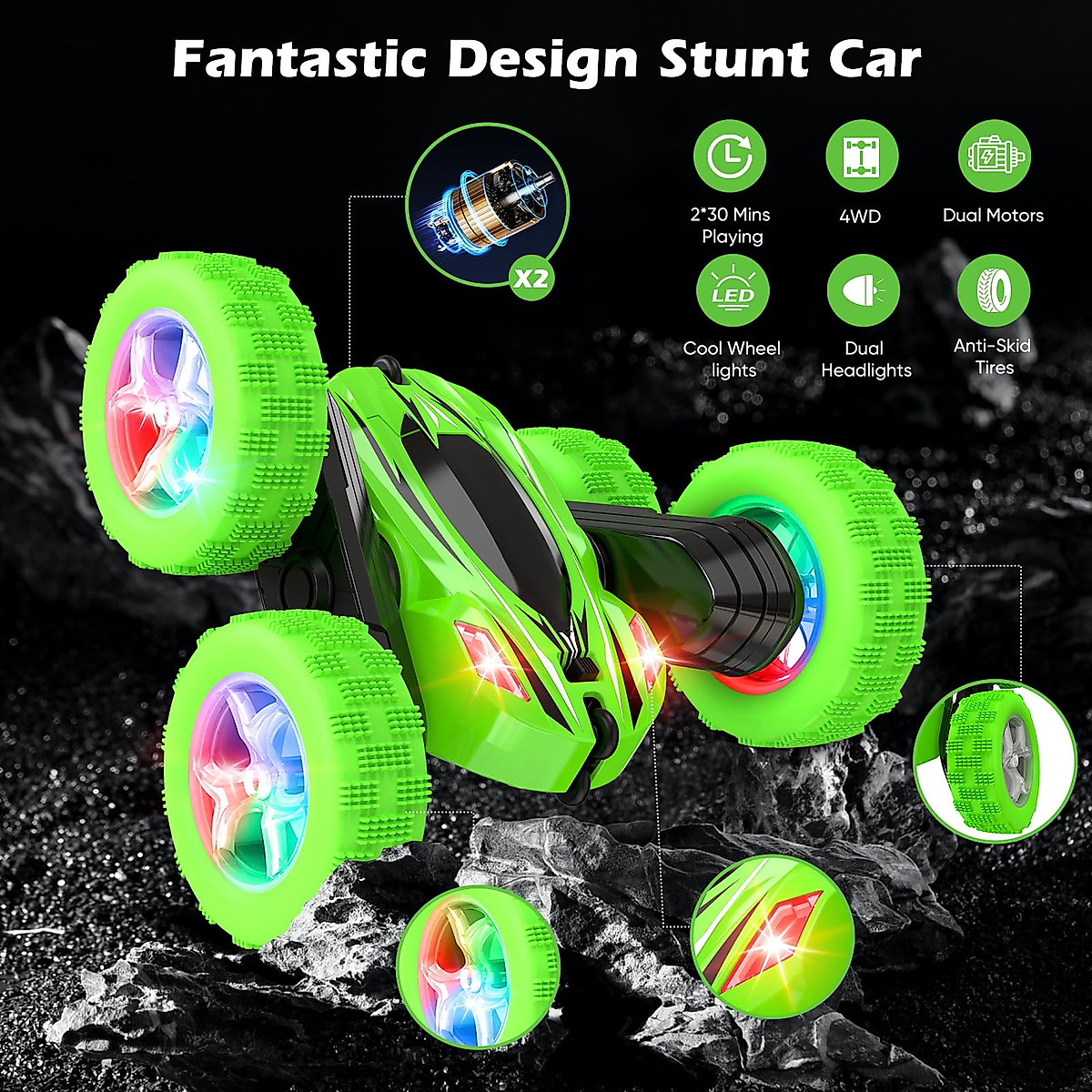 Qumcou Remote Control Car,RC Cars Toys for Boys,2.4Ghz High Speed Kids Toys Cars with Headlights and Wheel Lights,Christmas Birthday Gifts for Boys Age 6-12（Green）
