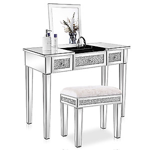VINGLI Mirrored Vanity Desk with Drawers and Flip Mirror, Glass Vanity, Mirrored Vanity Table, Mirror Vanity Silver Desk, Mirrored Makeup Vanity Table for Bedroom/Makeup Room, Silver