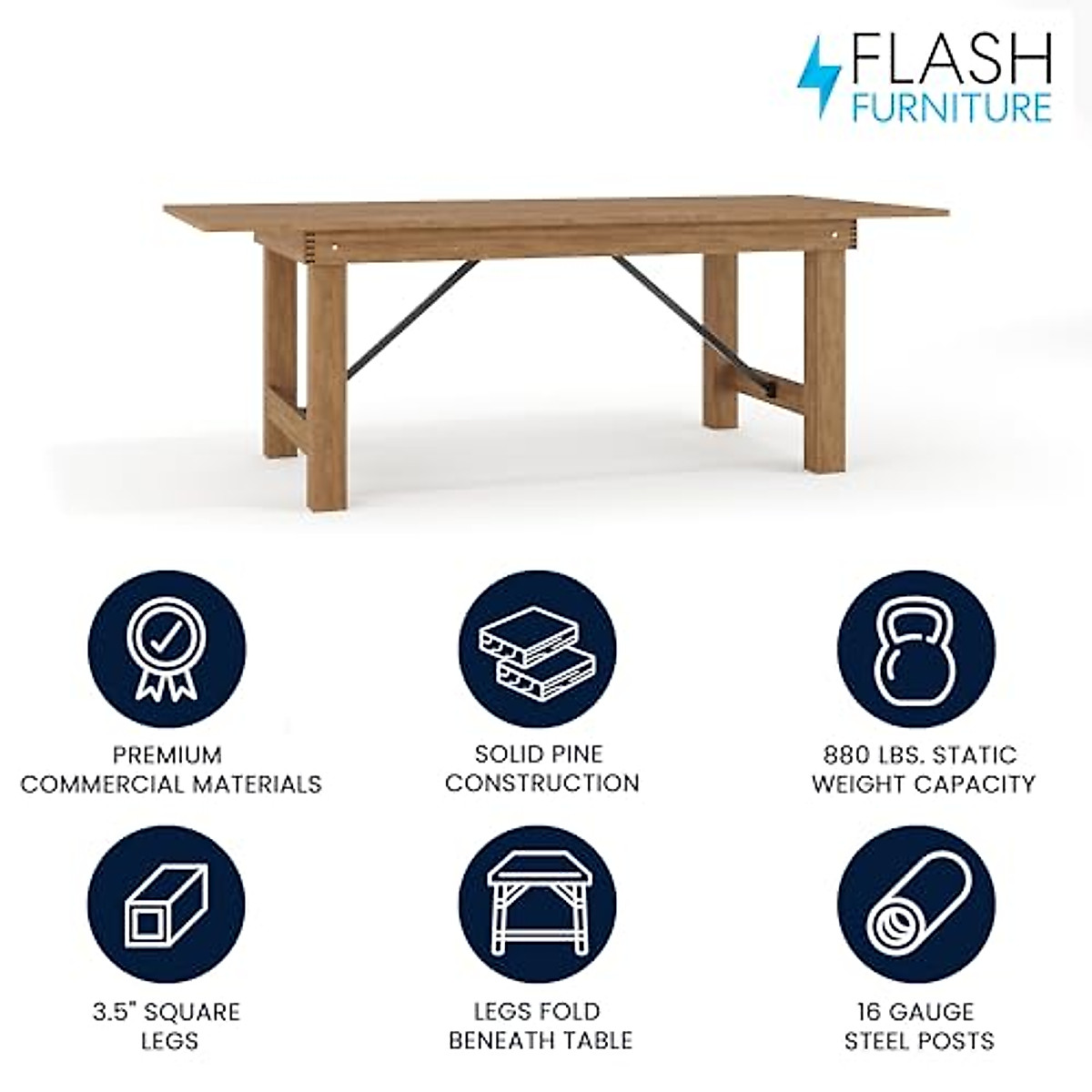 Flash Furniture Hercules Series 7' x 40" Rustic Solid Pine Folding Dining Table, Rectangular Antique Farmhouse Dining and Event Extension Table